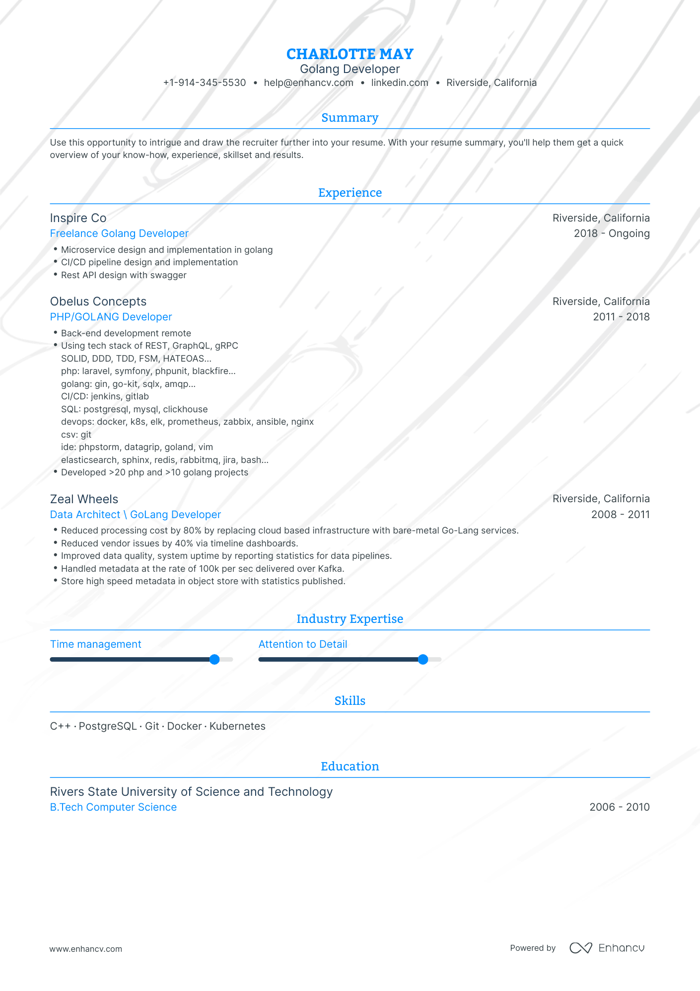 Job Winning Golang Developer Resume Examples Samples And Tips Enhancv Layout Skills Keywords 